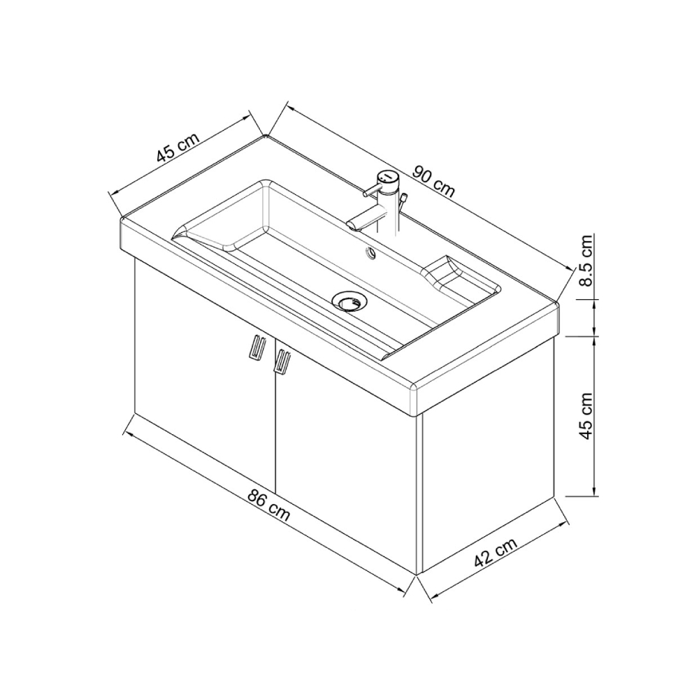 Pack lavabo LINHA 90x45 cm avec meuble blanc brillant 2 portes